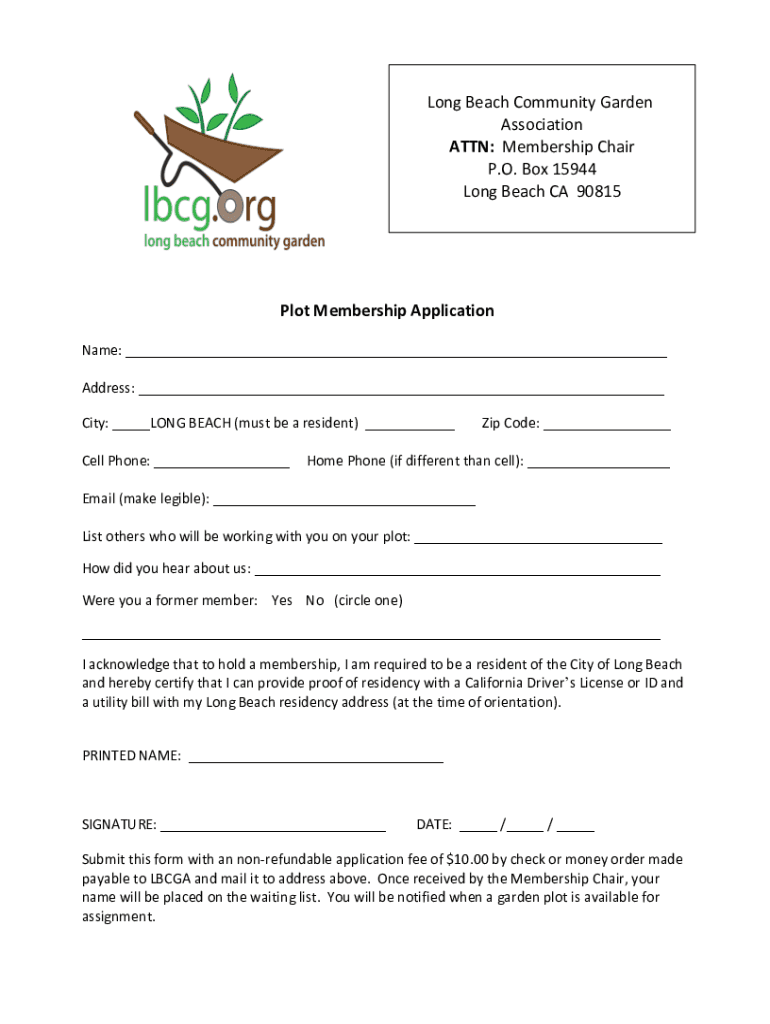 Fillable Online Plot Membership Application Long Beach Community Garden ...