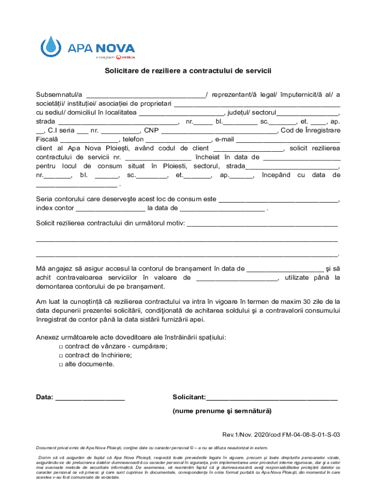 Fillable Online Solicitare de reziliere a contractului de utilitati Fax ...