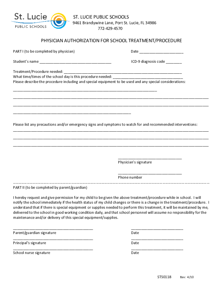 Fillable Online physician authorization for school treatment/procedure Fax Email Print - pdfFiller