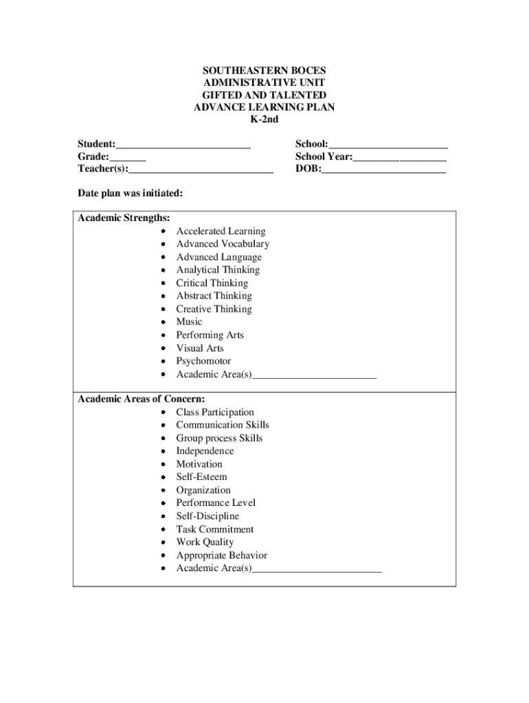 Gifted and Talented Advance Learning Plan - Blank Fillable Template ...