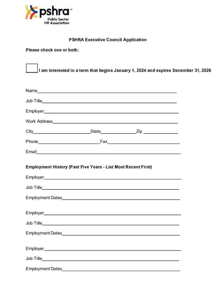 Fillable Online PSHRA Executive Council Application Cover Sheet and ... Fax Email Print - pdfFiller