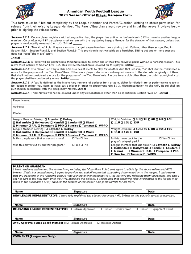 Fillable Online American Youth Football League 2023 Season Official ...