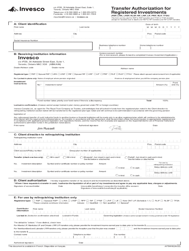 Fillable Online Transfer authorization for registered investments ...