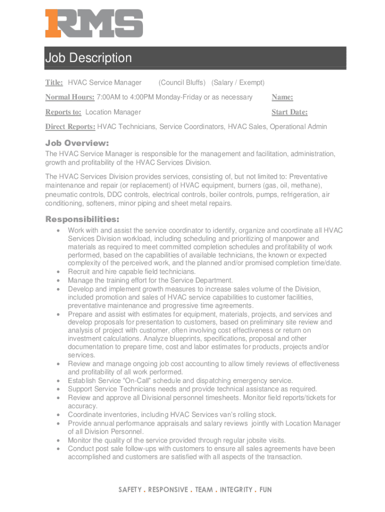 Fillable Online HVAC Service Manager Job Description Template Fax Email ...