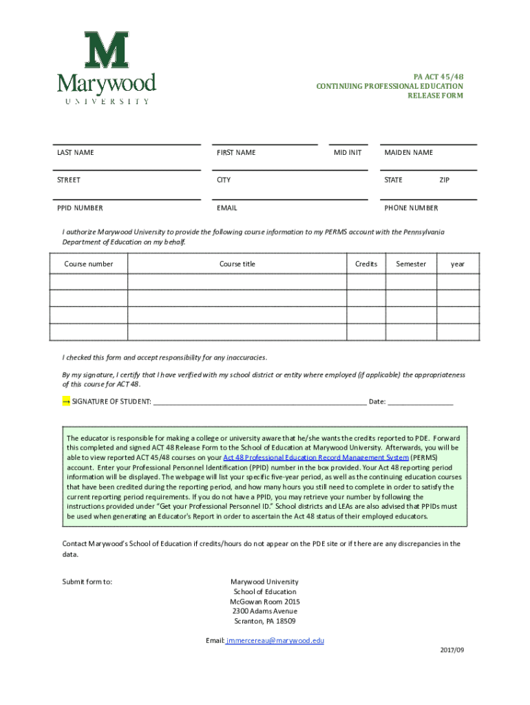 Fillable Online pa act 45/48 continuing professional education release ...