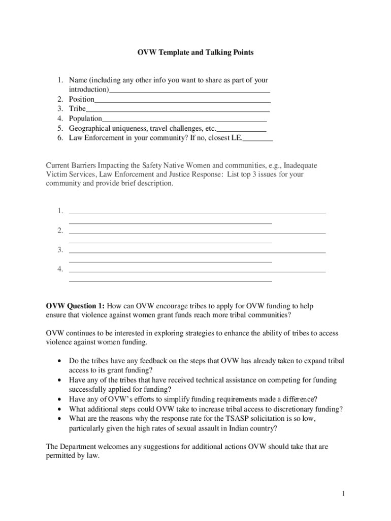 Fillable Online OVW Template and Talking Points 1. Name (including any other ... Fax Email Print ...