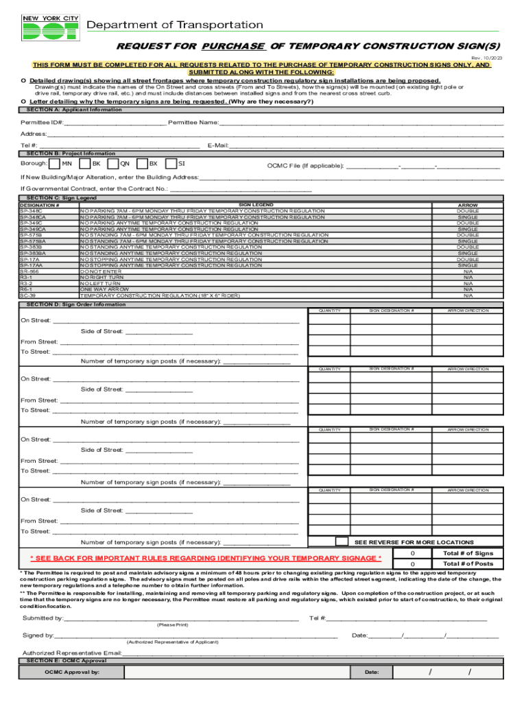 Fillable Online Request for Purchase of Temporary Construction Sign(s ...