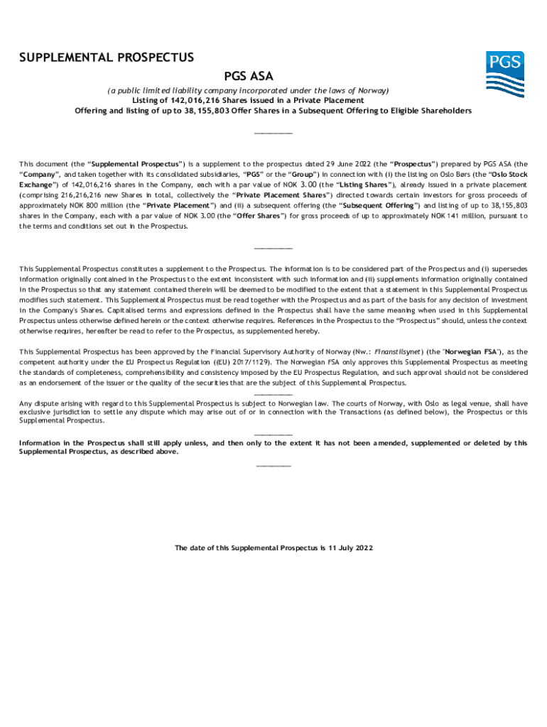 Fillable Online PGS ASA: Approval and publication of prospectusListing Fax Email Print - pdfFiller