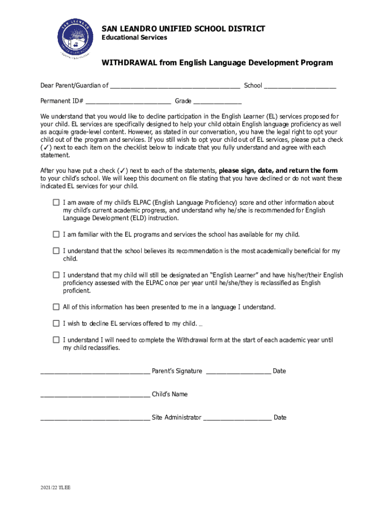 Completable En línea Withdrawal from ELD Program Parent Form 2021-22 ...