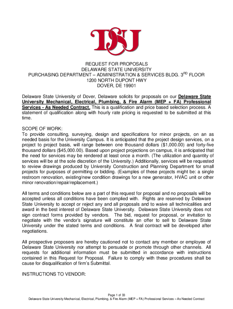 Fillable Online bidcondocs delaware Delaware State University Mechanical, Electrical, Plumbing ...