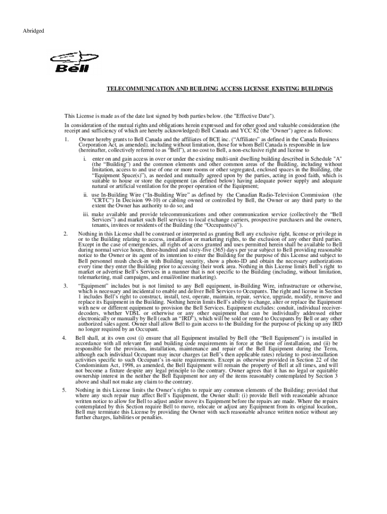 Fillable Online TELECOMMUNICATION AND BUILDING ACCESS LICENSE EXISTING ...