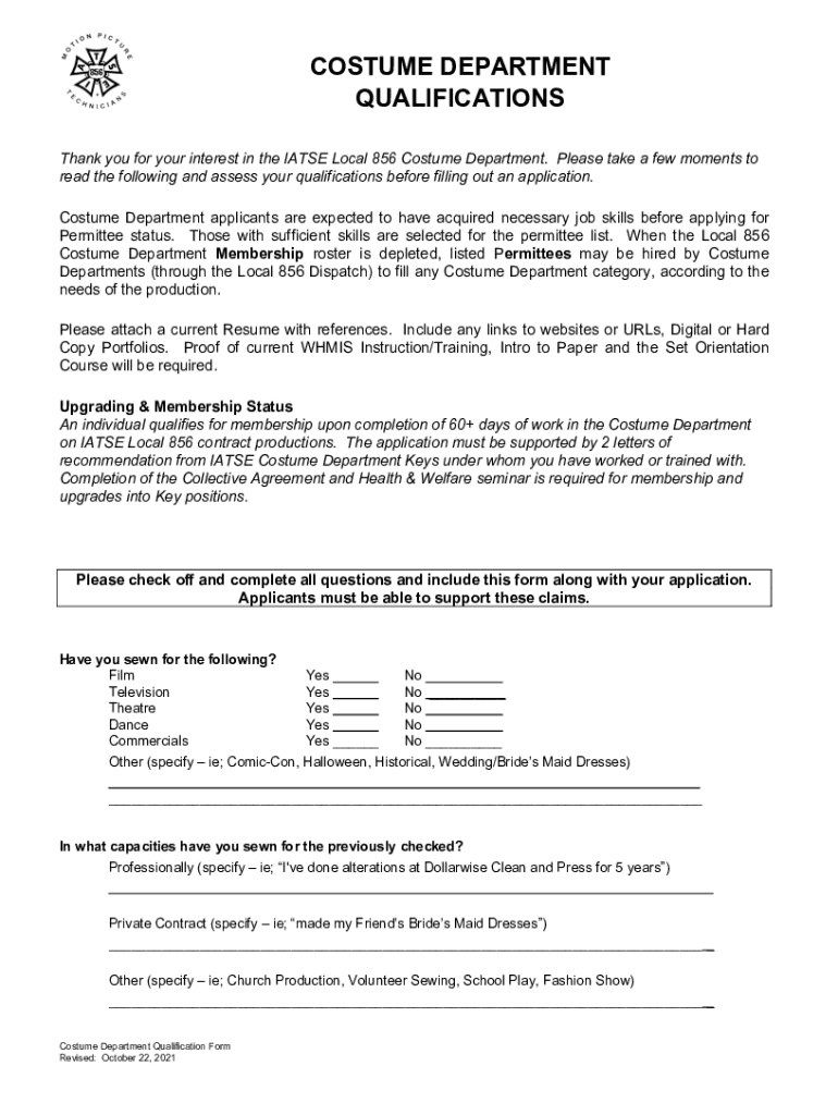 Fillable Online iatse 212 costume department application requirements ...