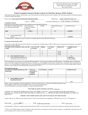 Fillable Online Product Formulation Statement for Meat/Meat Alternate ...