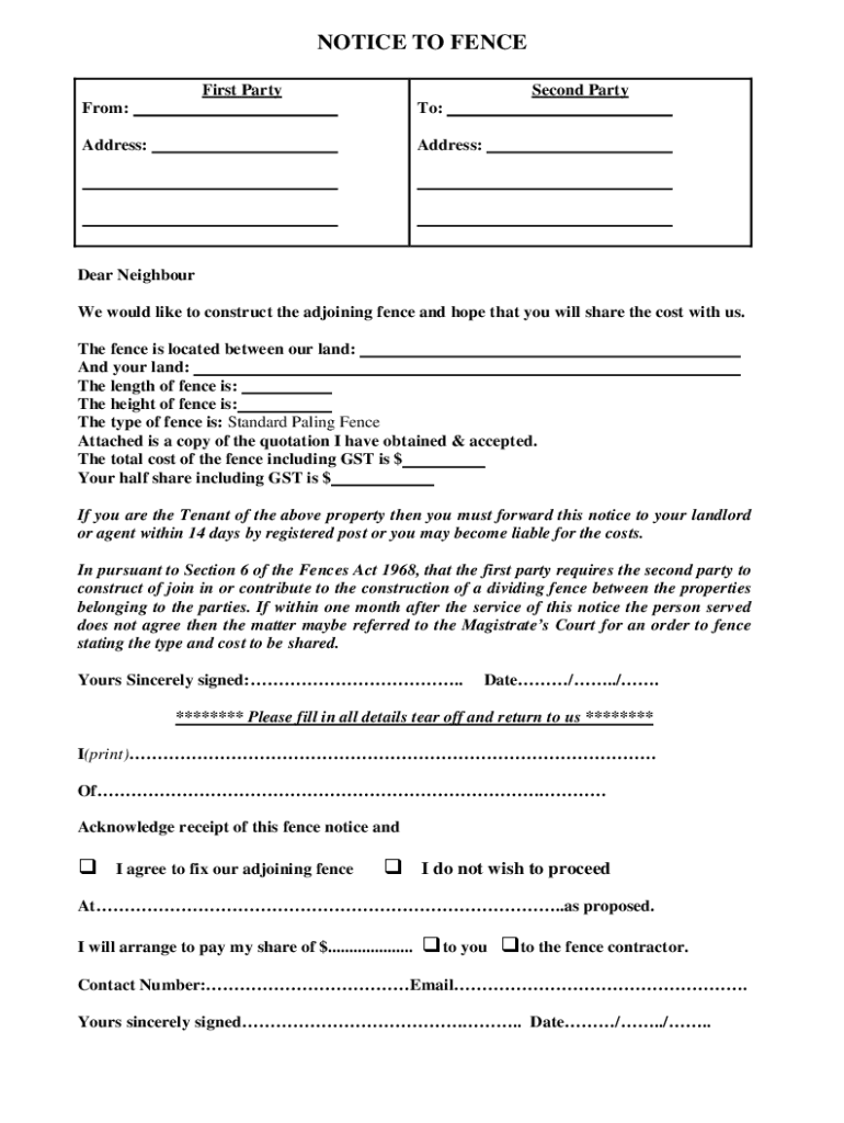 Fillable Online Notice to fence form customers Fax Email Print - pdfFiller