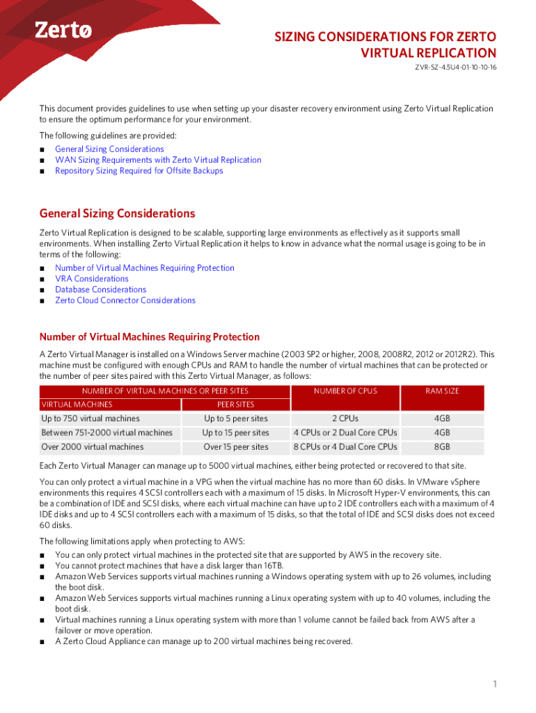 Fillable Online Sizing Considerations for Zerto Virtual Replication Fax ...