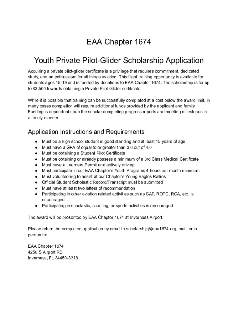 Fillable Online EAA Chapter 1674 Youth Private Pilot-Glider Scholarship Application Fax Email ...