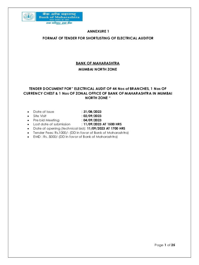 Fillable Online TENDER DOCUMENT FOR ELECTRICAL AUDIT OF 44 Nos of ...