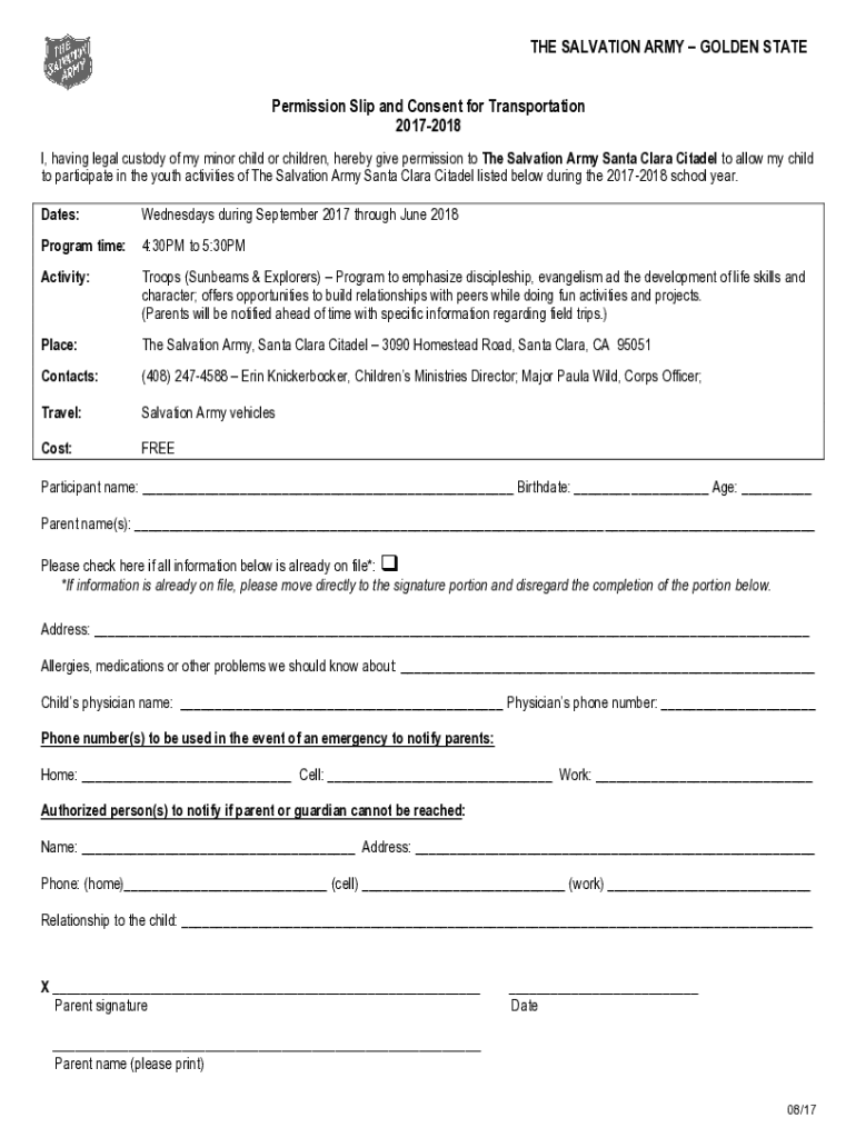 Fillable Online The Salvation Army Permission/Waiver & Medical Release ...