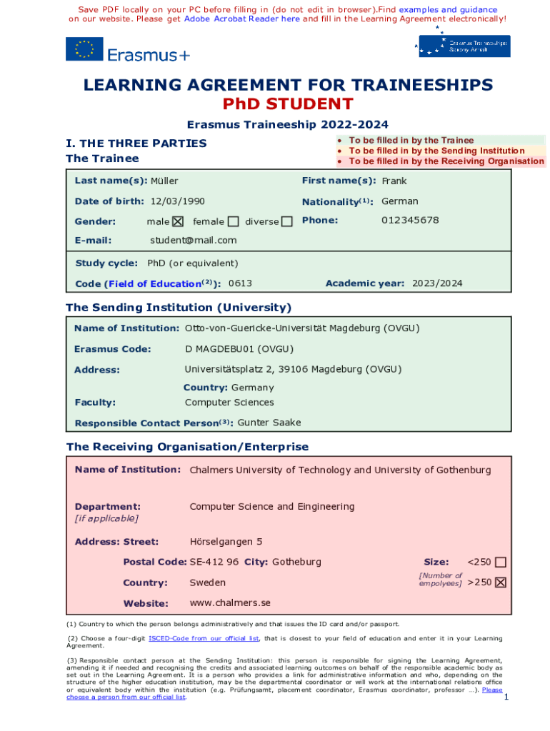 Fillable Online LEARNING AGREEMENT FOR TRAINEESHIPS PhD STUDENT Fax ...