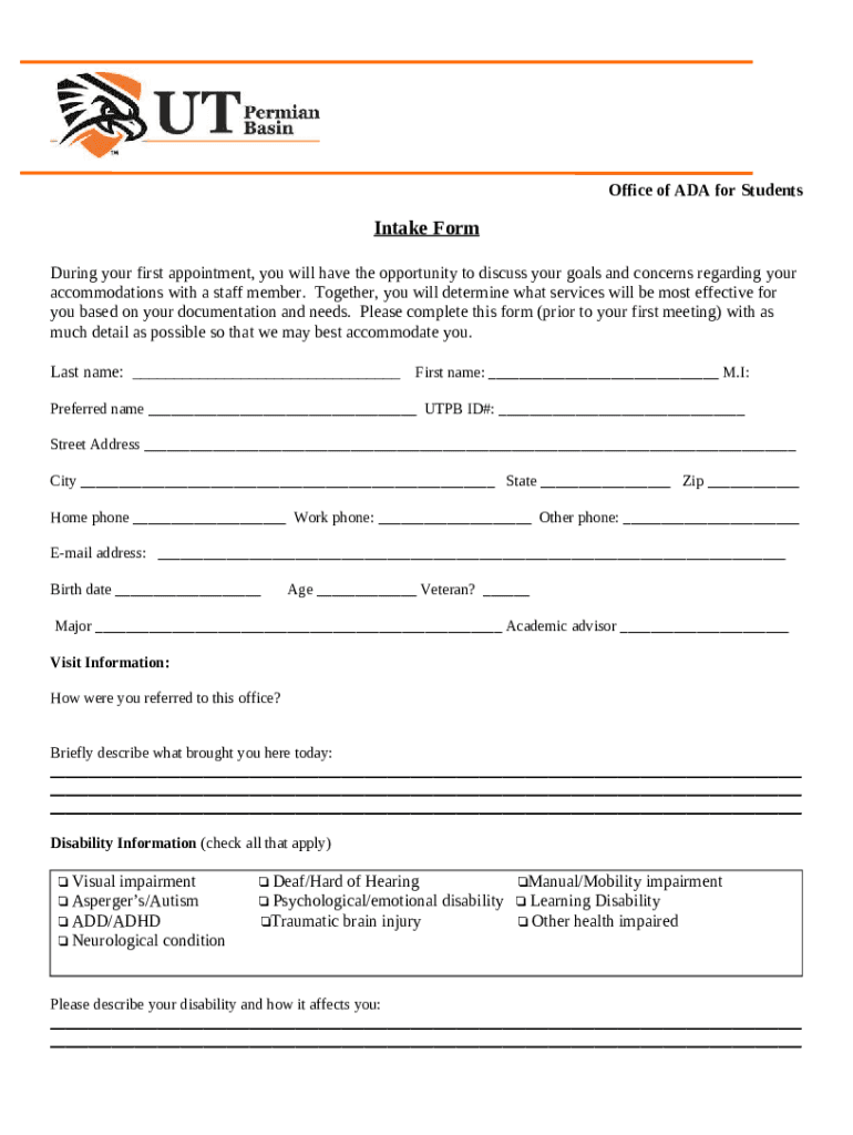 Office of ADA for Students Intake Doc Template | pdfFiller
