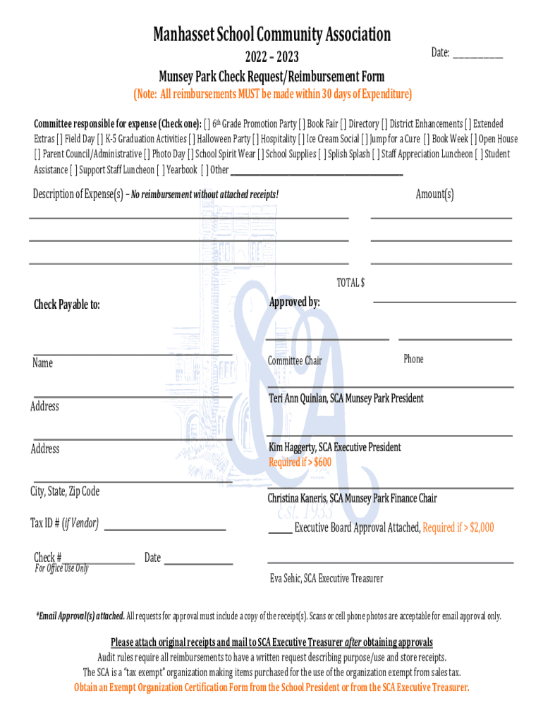 Fillable Online 2022-23 Munsey Park SCA Check Request Reimbursement ...