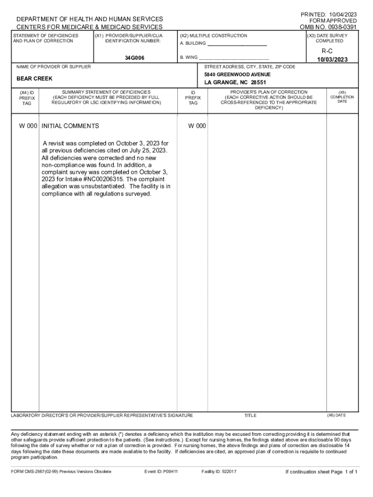 Fillable Online A revisit was completed on October 3, 2023 for Fax ...