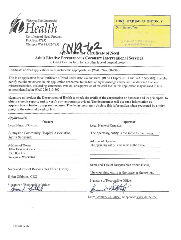Fillable Online doh wa CN19-62, Astria Sunnyside Hospital, Yakima County. CN19-62, Astria ...