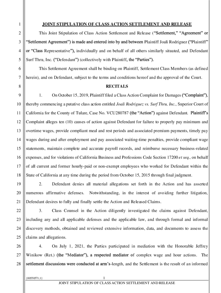 Fillable Online 1 CLASS ACTION SETTLEMENT AGREEMENT AND ... Fax Email ...