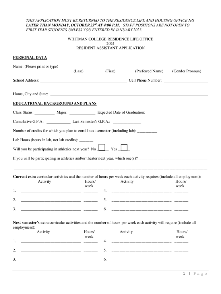 Fillable Online RESIDENT ASSISTANT APPLICATION PACKET For January Fax ...