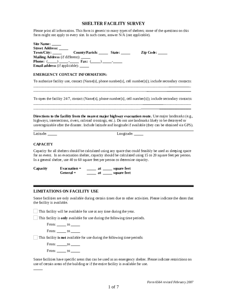 SHELTER FACILITY SURVEY. Shelter Facility Survey 12/01 Doc Template ...