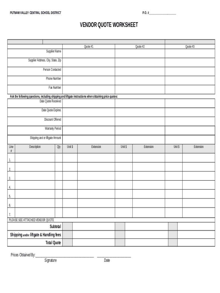 REQUEST FOR QUOTE WORKSHEET Doc Template | pdfFiller