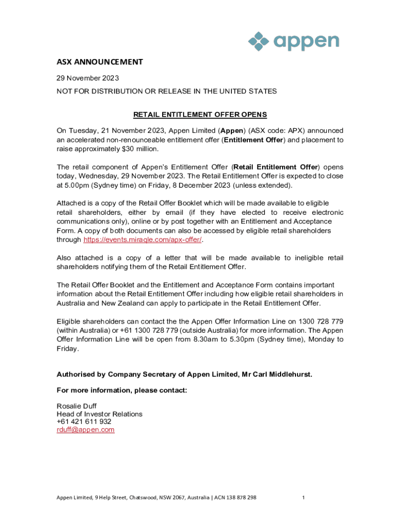 Fillable Online APX ASX announcement - Retail Entitlement Offer Opens ...
