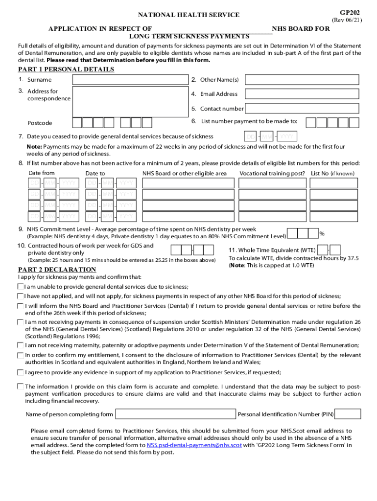 Fillable Online NATIONAL HEALTH SERVICE - GP202. Long Term Sickness ...
