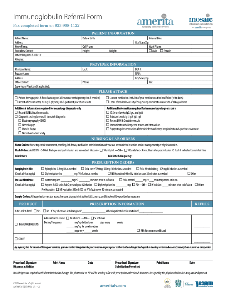 Fillable Online IMMUNE GLOBULIN REFERRAL FORM - DeliverIt Pharmacy Fax Email Print - pdfFiller