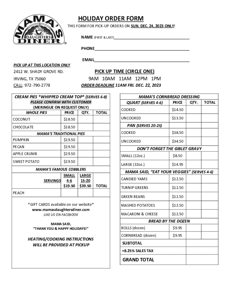 Fillable Online Holiday Order Form - On The Go Fax Email Print - pdfFiller