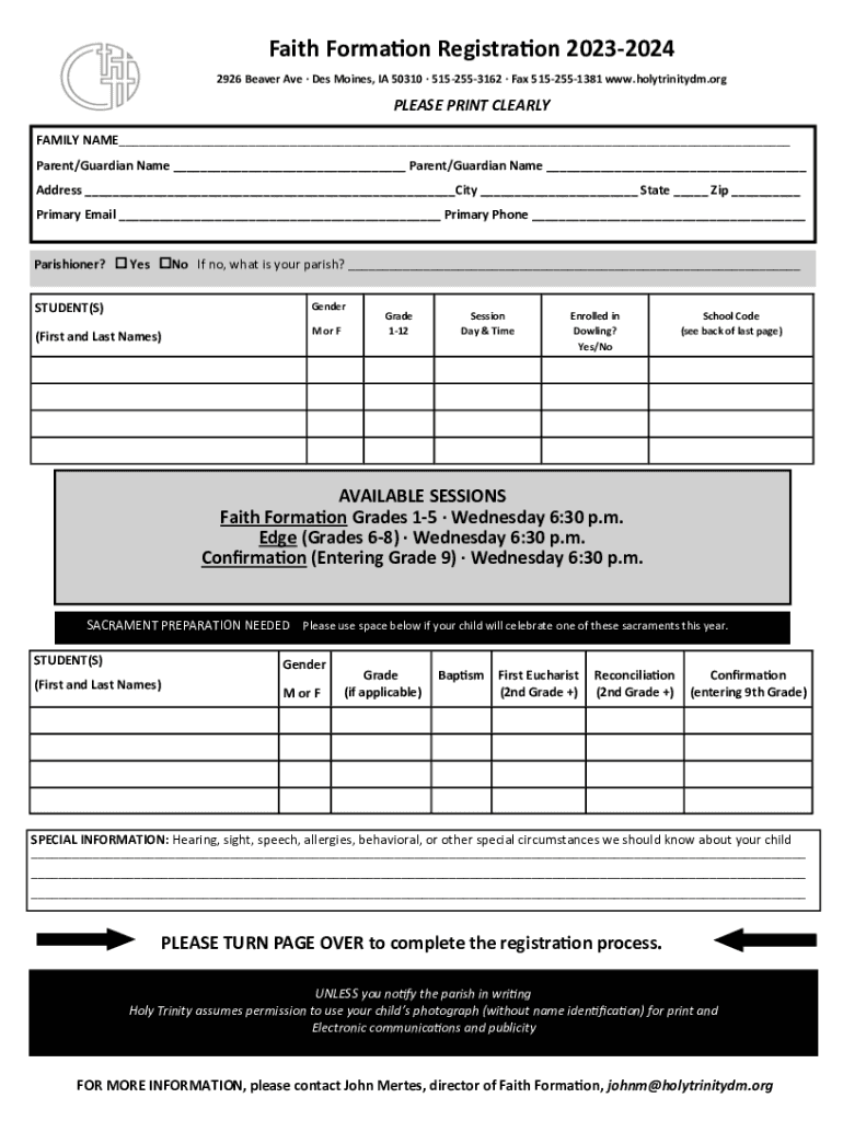 Fillable Online Faith Formation Information & Registration Form '23-'24 ...