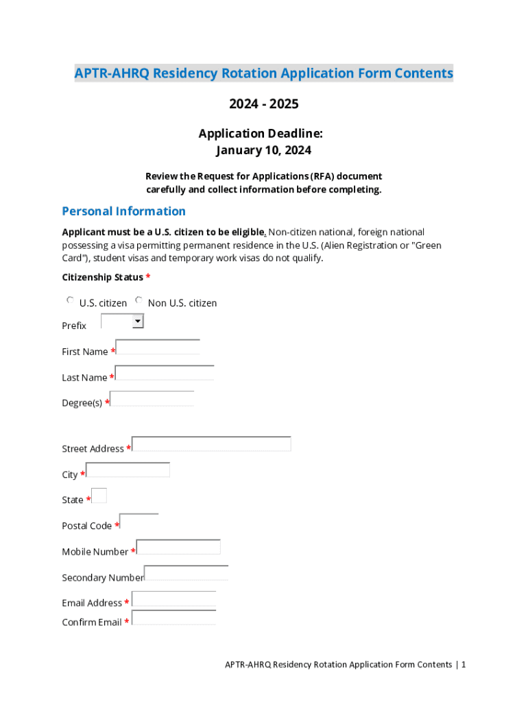 Fillable Online APTR-AHRQ Residency Rotation Application Form Contents ...