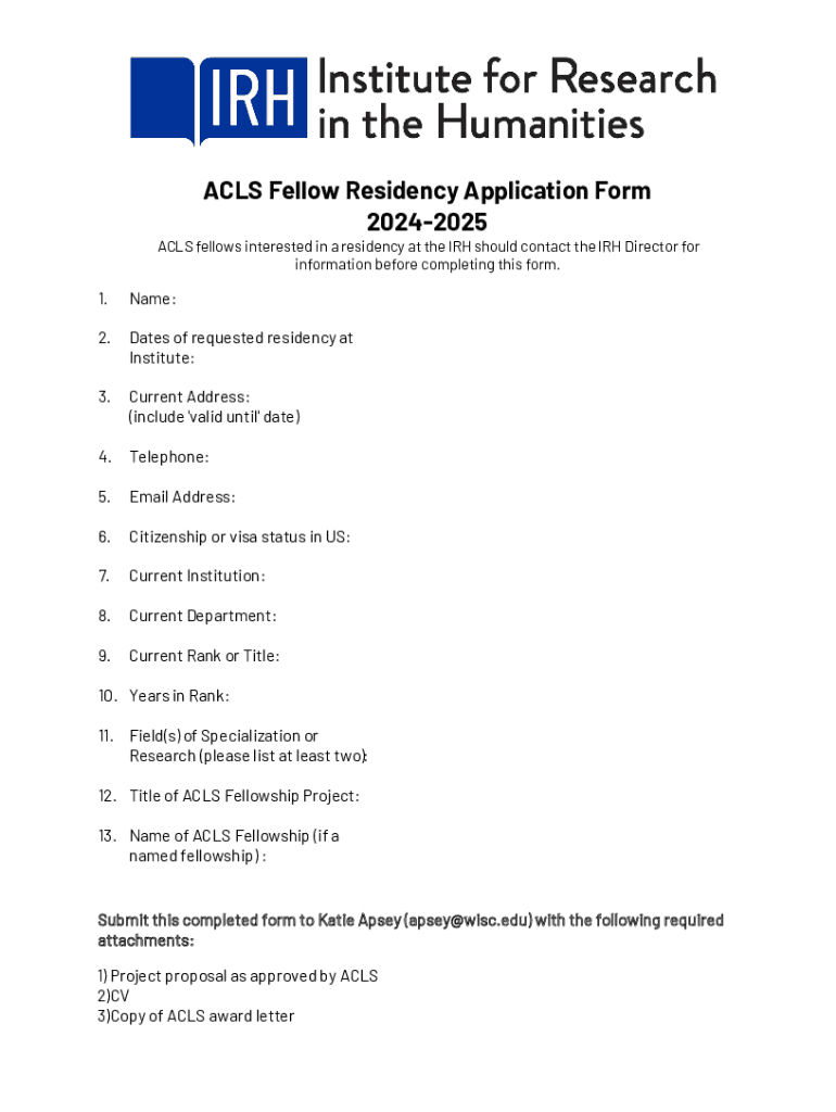 Fillable Online irh wisc ACLS Fellow Residency Application Form 2024 ...