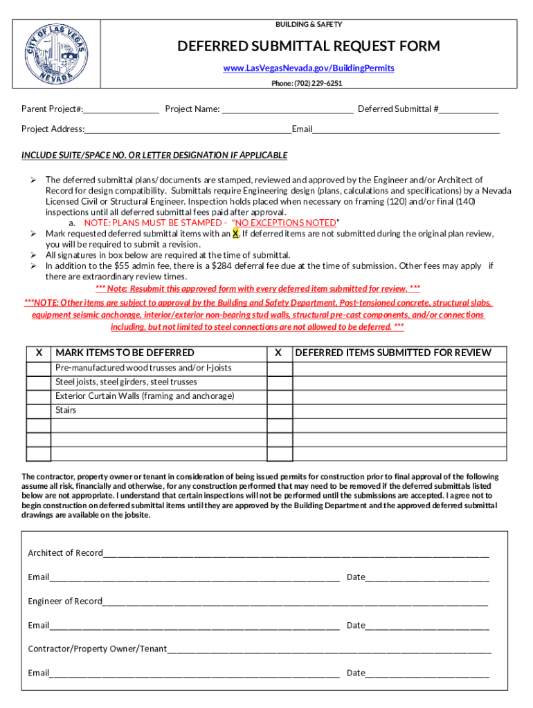 Fillable Online DEFERRED SUBMITTAL REQUEST FORM Fax Email Print - pdfFiller