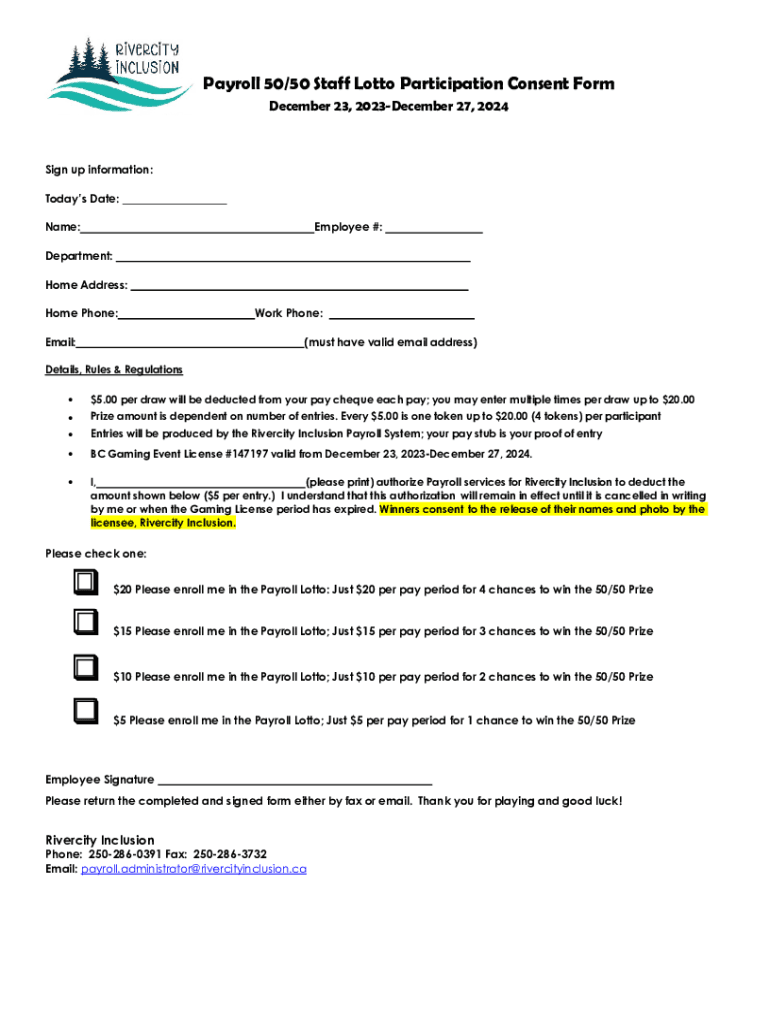 Fillable Online Payroll 50/50 Staff Lotto Participation Consent Form Fax Email Print - pdfFiller