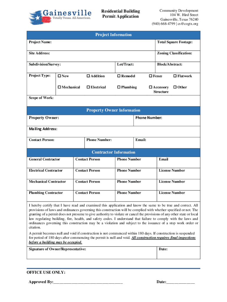 Fillable Online Residential Building Permit Application Property Owner ...