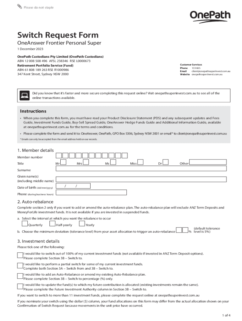 Fillable Online OnePath OneAnswer Personal Super Switch Request Form ...