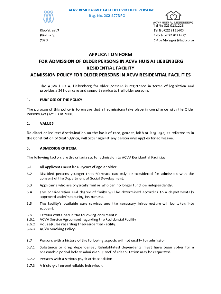 Fillable Online Application form for admission of older persons in ... - ACVV Piketberg Fax ...