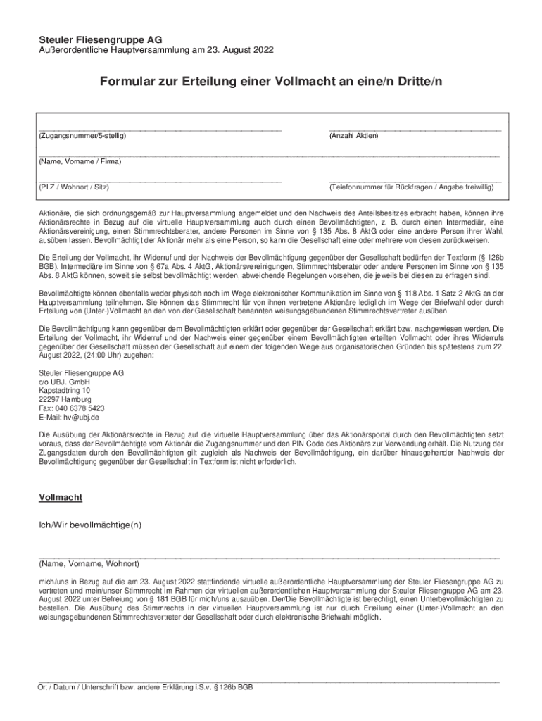 Ausfüllbar Online Formular zur Erteilung einer Vollmacht an eine/n ...