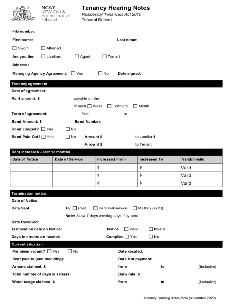 Fillable Online Tenancy Hearing notes form. Tenancy Hearing notes form ...