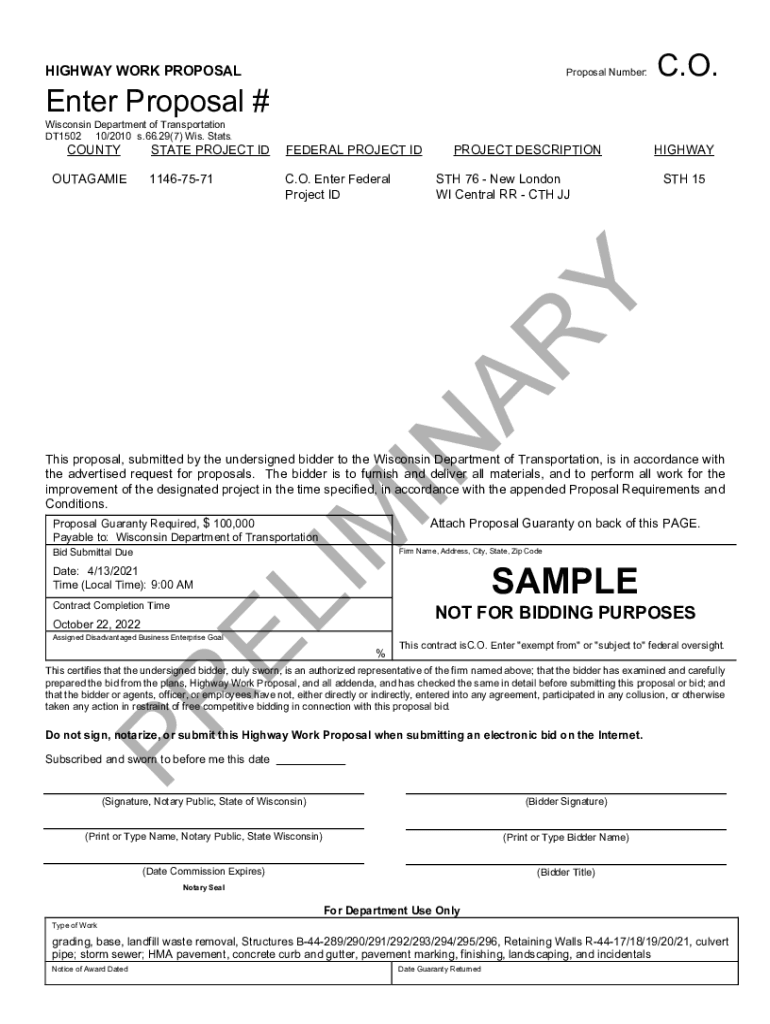 Fillable Online trust dot state wi Road Construction Project Proposal ...