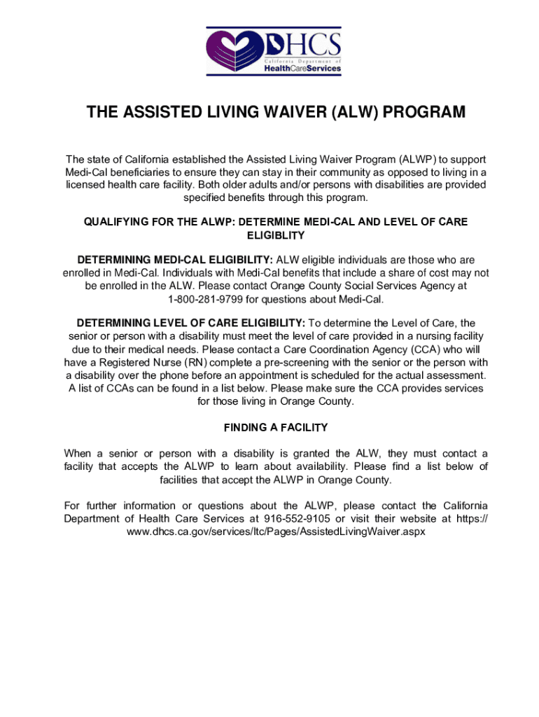 Fillable Online THE ASSISTED LIVING WAIVER (ALW ... - OC Office on ...