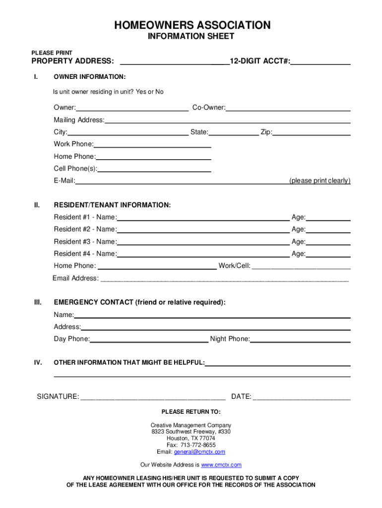 Fillable Online Homeowners Association Contact Information Form Fax ...
