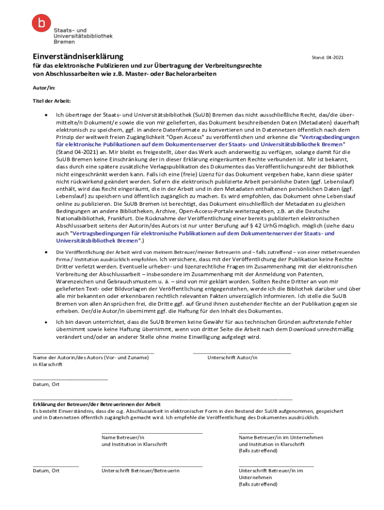 Ausfüllbar Online Einverstndniserklrung fr das elektronische Publizieren und zur bertragung der ...