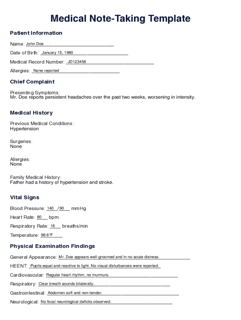 Fillable Online Medical Note-Taking Template Fax Email Print - pdfFiller